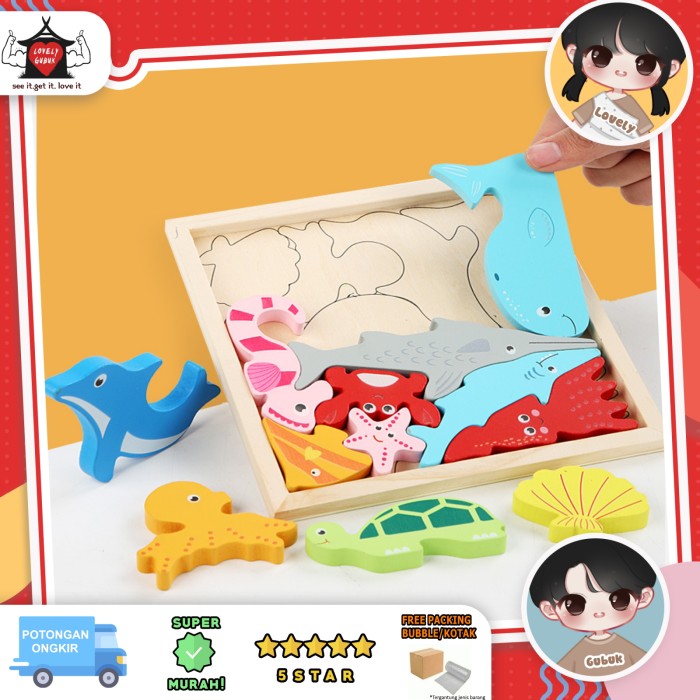Puzzle 3D animal angka anak, Puzzle cocokkan bentuk kayu anak - Lovelygubuk
